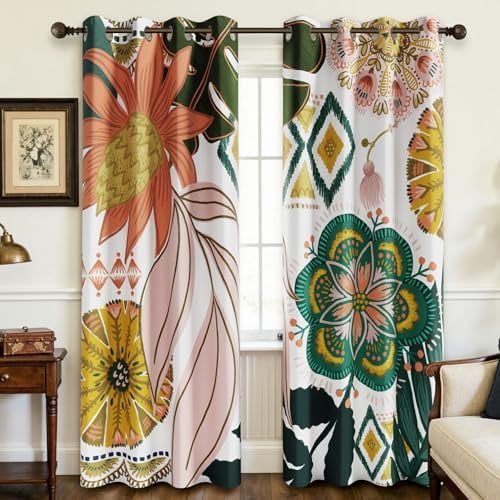 Boho Floral 100% Blackout Curtains for Living Room 72 inch Long 2 ...