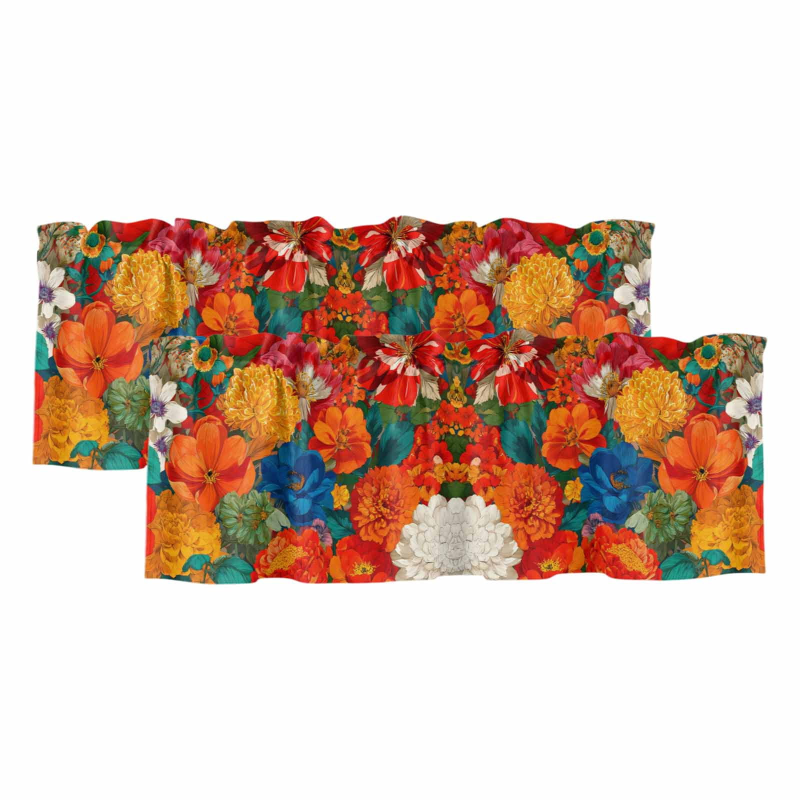 Boho Floral 2 Panels Kitchen Valance, Marigold Dahlia Orange Yellow ...