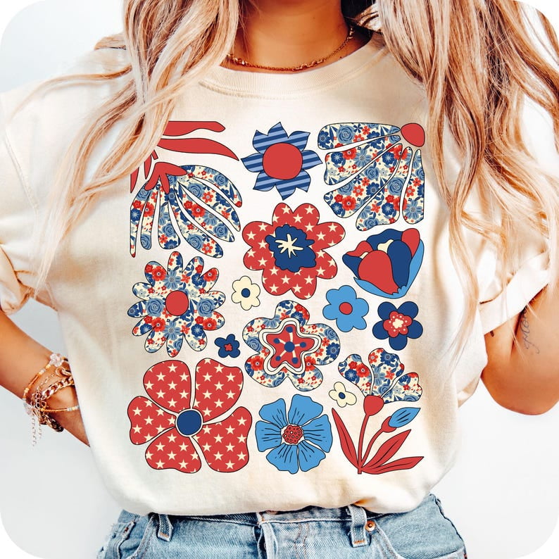 Boho Floral 4th of July T-Shirt – Preppy Patriotic Graphic for Girly ...
