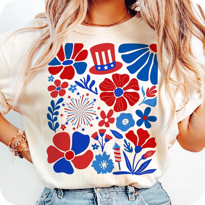 Boho Floral 4th of July T-Shirt – Vintage USA Patriotic Tee with Soft ...