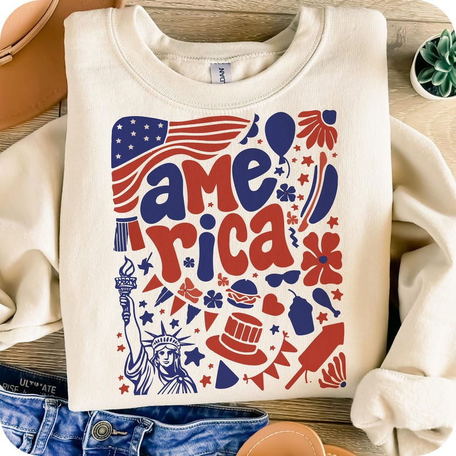 Boho Floral America Sweatshirt, Retro Patriotic USA Design, 4th of July ...