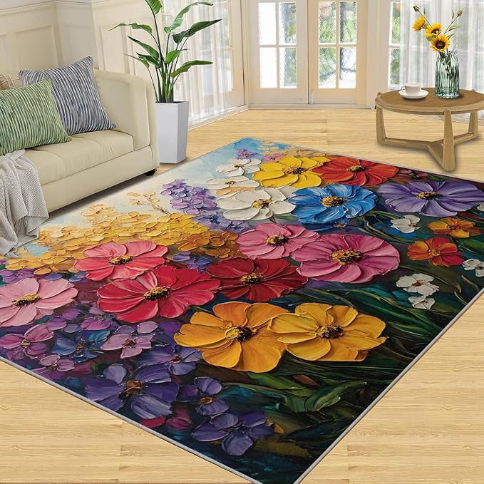 Boho Floral Area Rug, Vibrant Colors Flower Rugs for Living Room ...