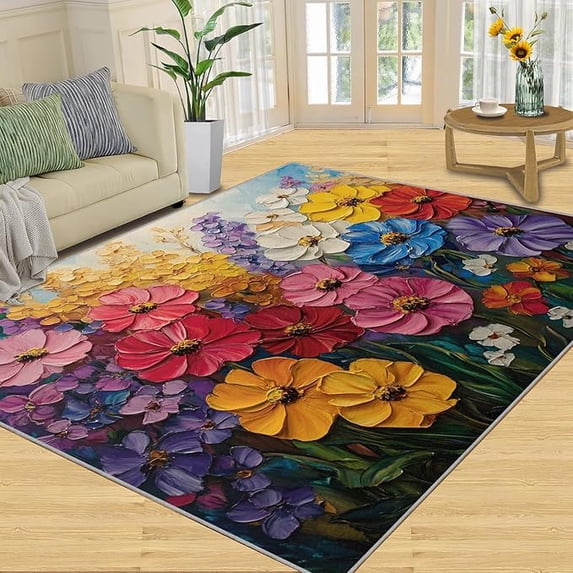 Boho Floral Area Rug, Vibrant Colors Flower Rugs for Living Room ...