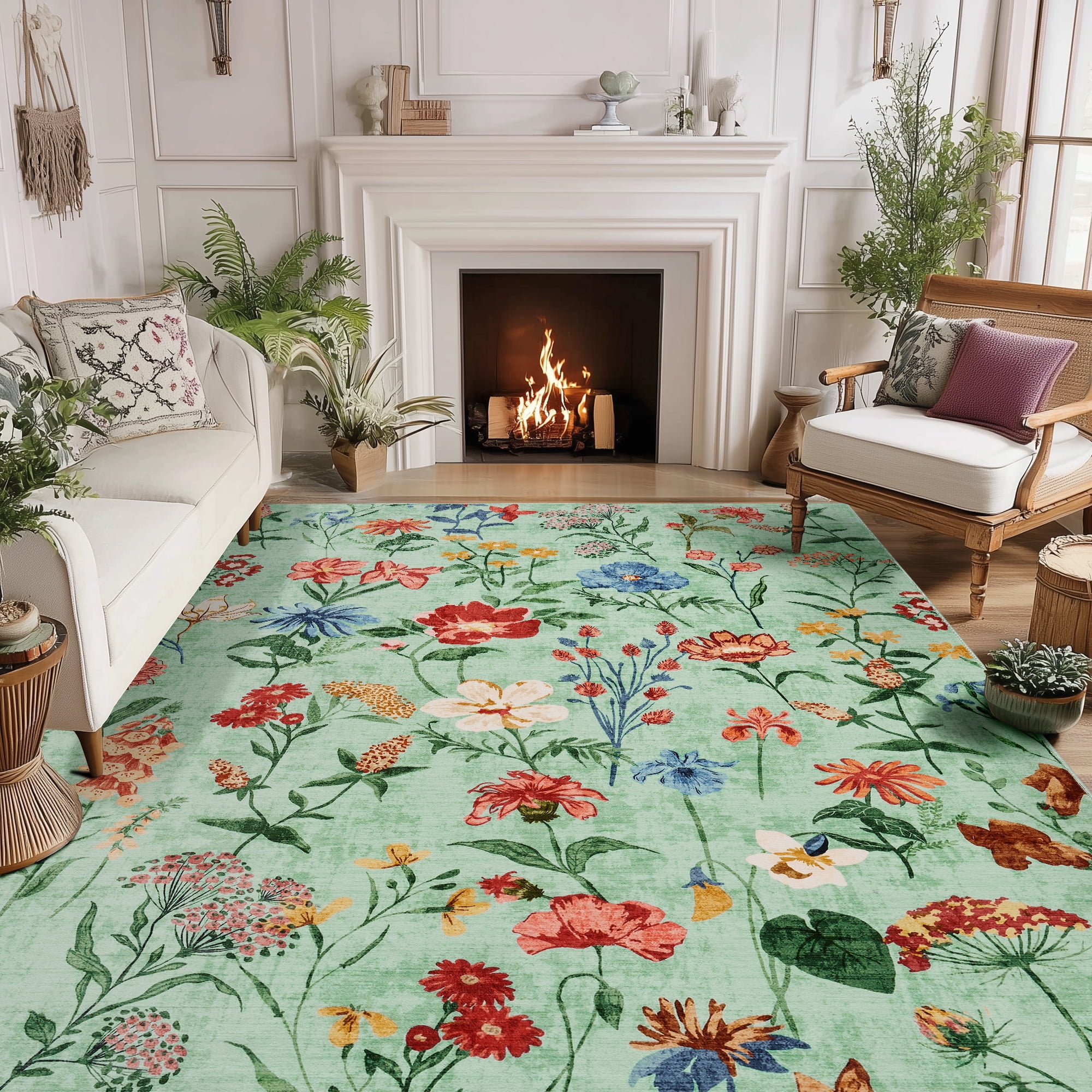Boho Floral Area Rugs Washable, Non Slip Low Pile Indoor Rug, Soft ...