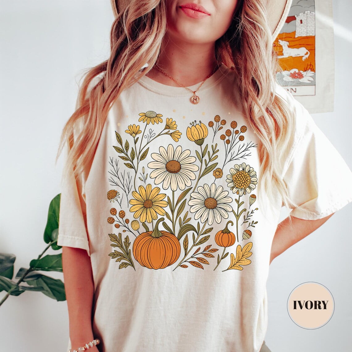 Boho Floral Autumn T-Shirt, Pumpkin Season Tee, Cottagcore Wildflowers Tshirt, Bohemian Outfit ...
