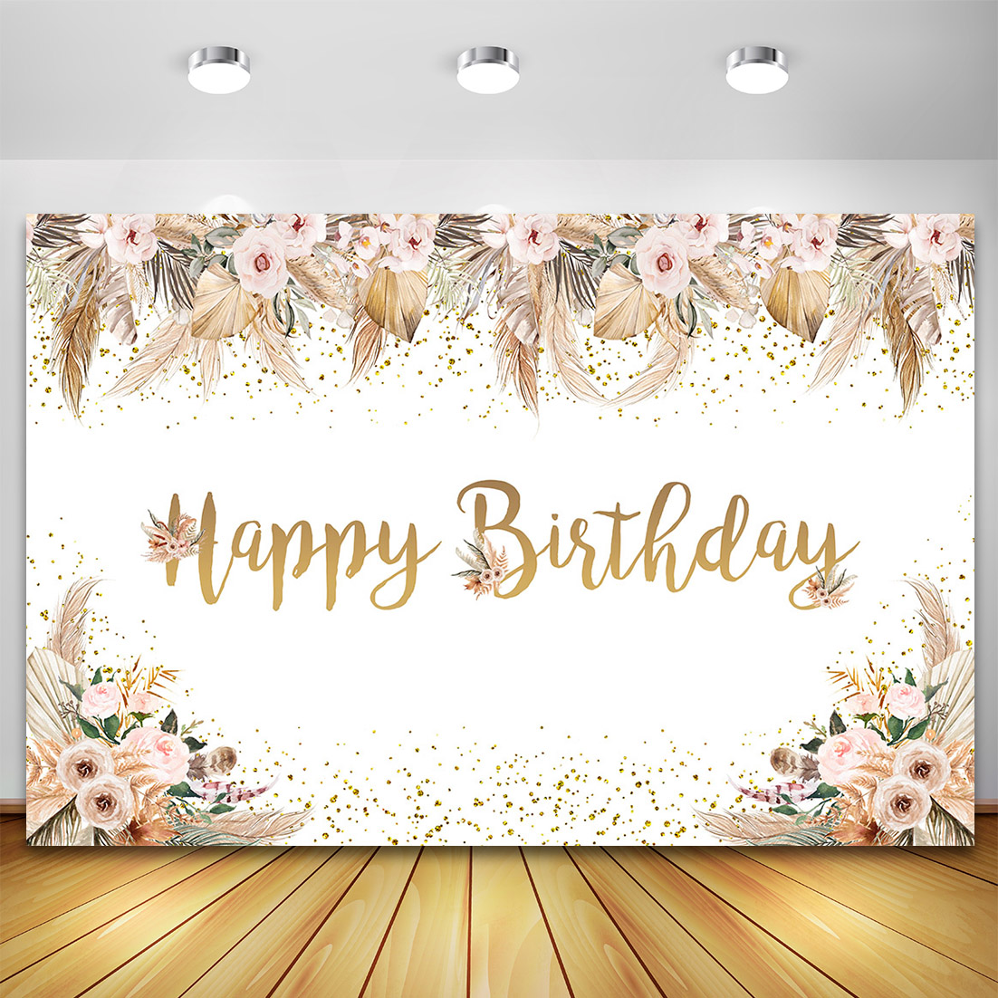 Boho Floral Backdrop Birthday Party Wall r Gold Giltters Pampas Grass ...