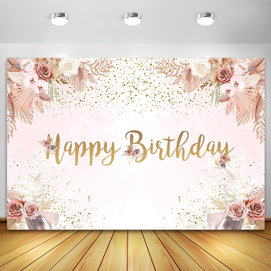 Boho Floral Backdrop Birthday Party Wall r Gold Giltters Pampas Grass ...