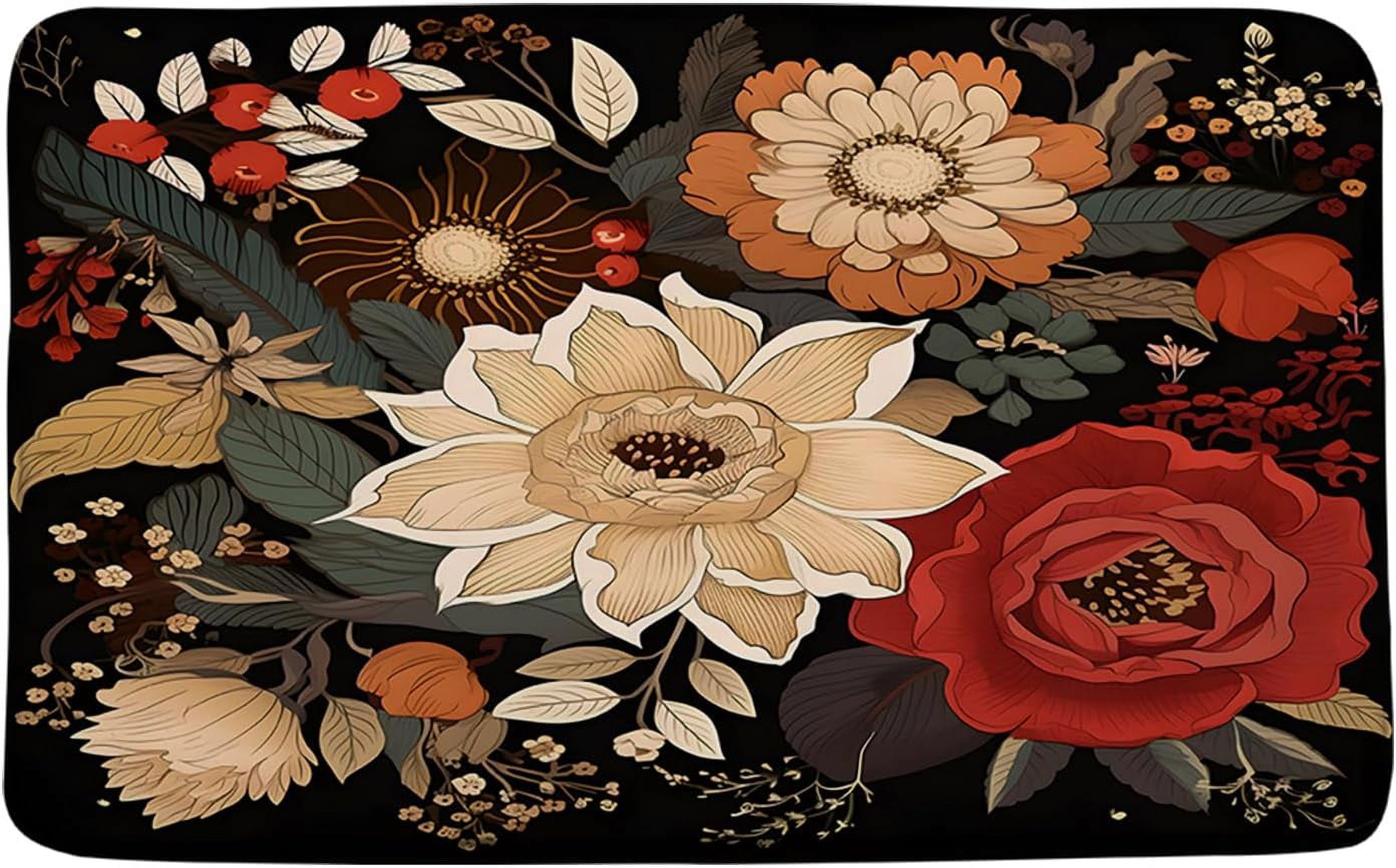 Boho Floral Bath Mat Black Fower Abstract Bohemian Botanical Wildflower ...
