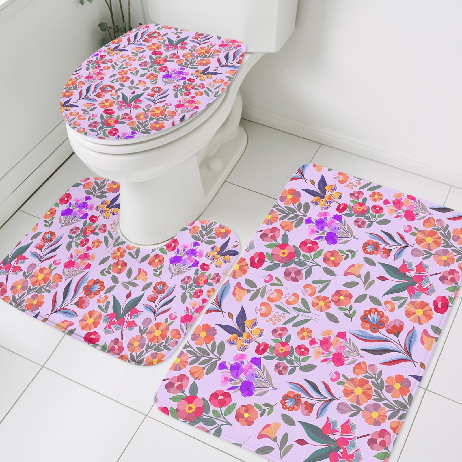 Boho Floral Bathroom Rugs Set Colorful Flower Watercolor Botanical Pink ...