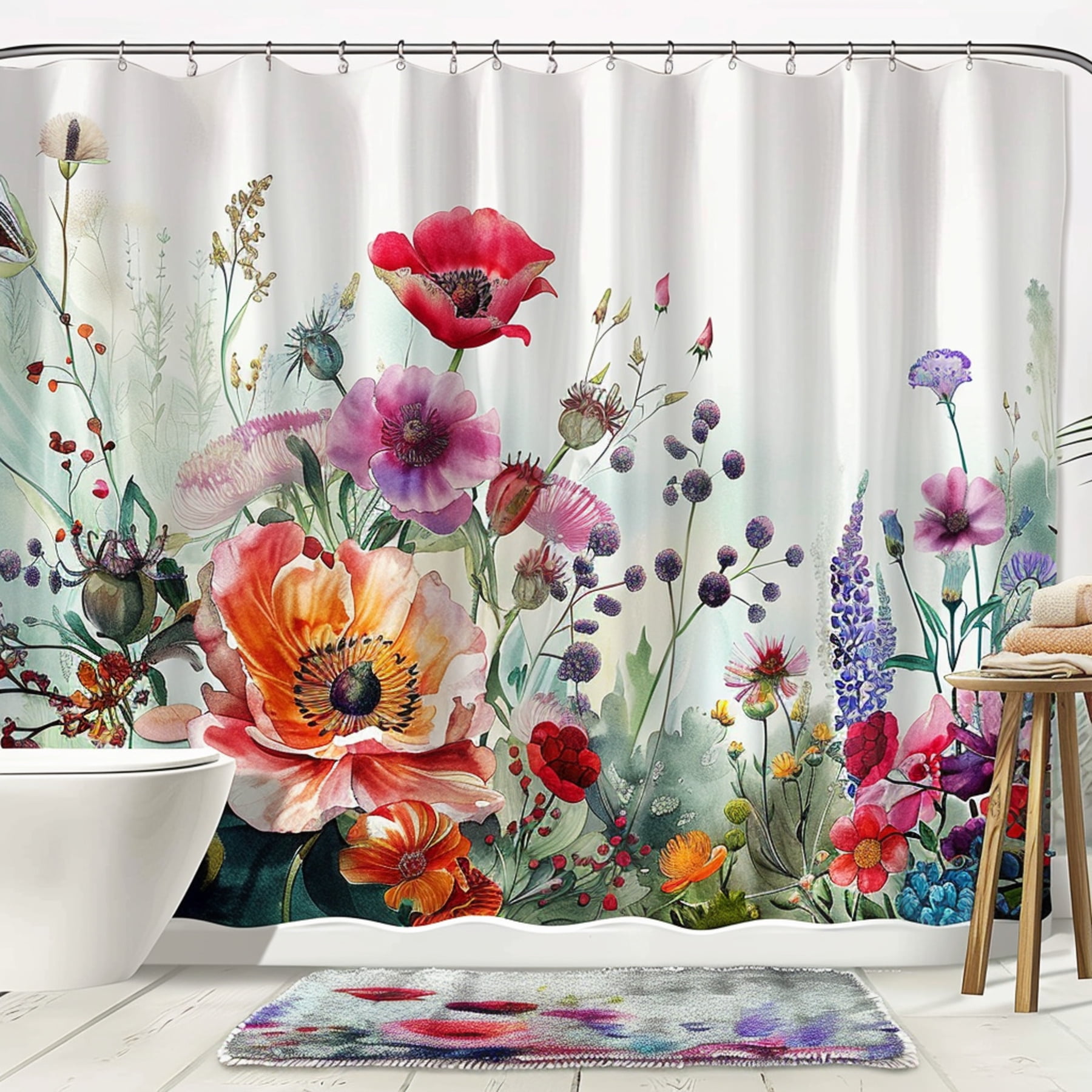 Boho Floral Bathroom Shower Curtain Colorful Poppies Peonies Roses ...