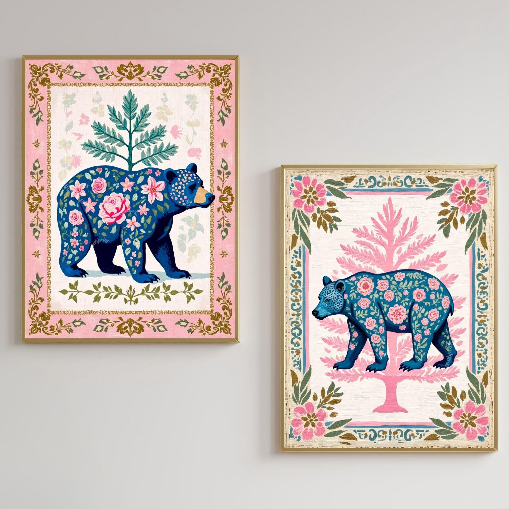 Boho Floral Bear Art Print Set Pink And Blue Bear Art Modern Farmhouse ...