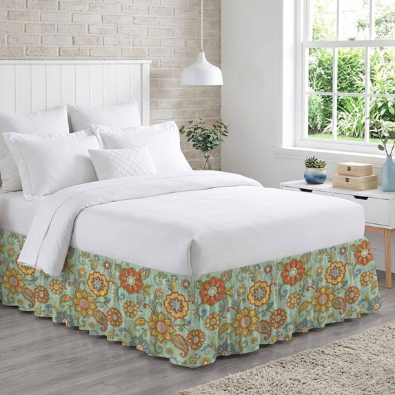 Boho Floral Bed Skirt Queen Size 16 Inch Drop, Yellow Orange Flower ...