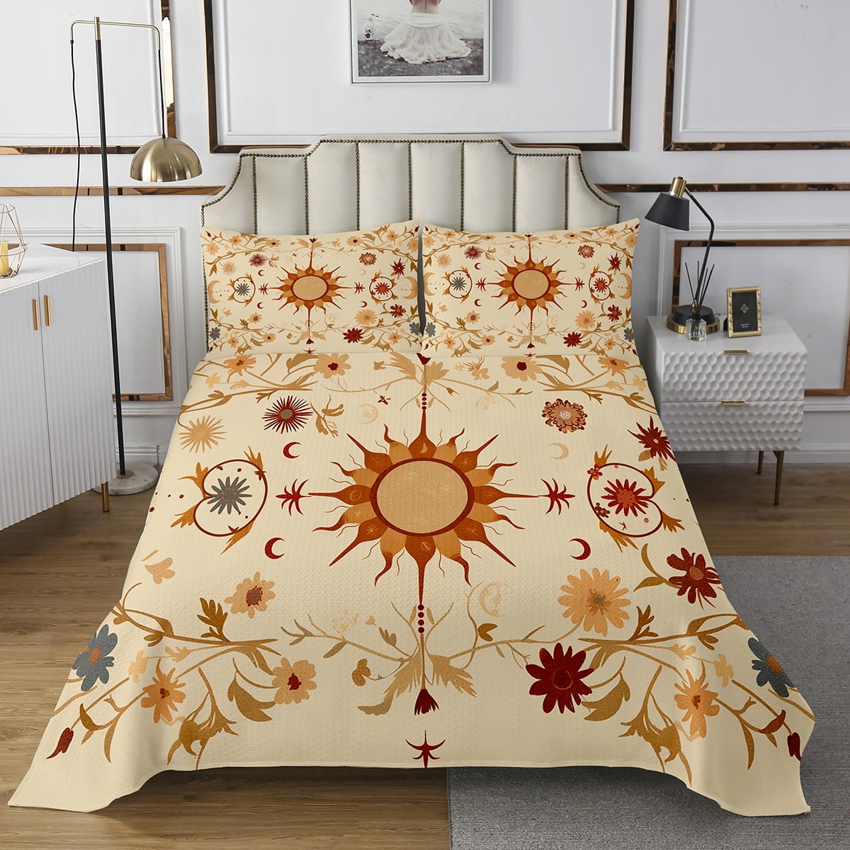 Boho Floral Bedding Set Twin Size,Vintage Sun and Moon Quilt Set Adults ...