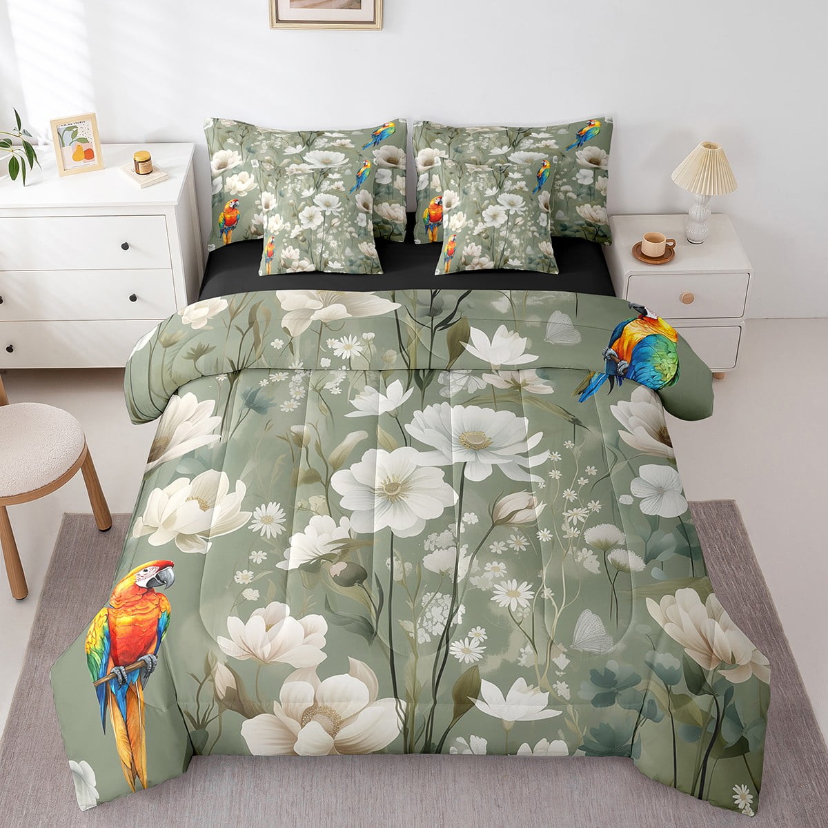 Boho Floral Bedding Twin Size 7 Pieces Chic Parrot Comforter Set Teens ...