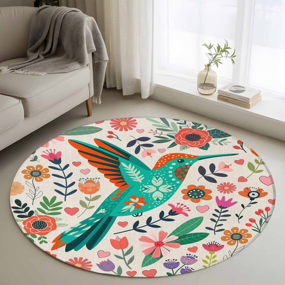 Boho Floral Bird 4FT Round Area Rugs Leaf Colorful Cartoon Botanical ...