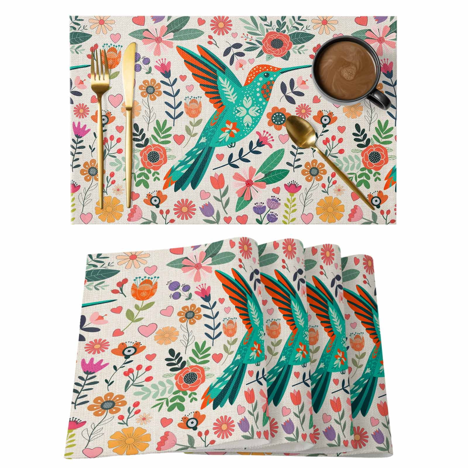 Boho Floral Bird Cotton Linen Placemats Set of 12, Leaf Colorful ...