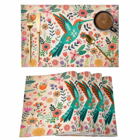 Boho Floral Bird Cotton Linen Placemats Set of 4, Leaf Colorful Cartoon ...