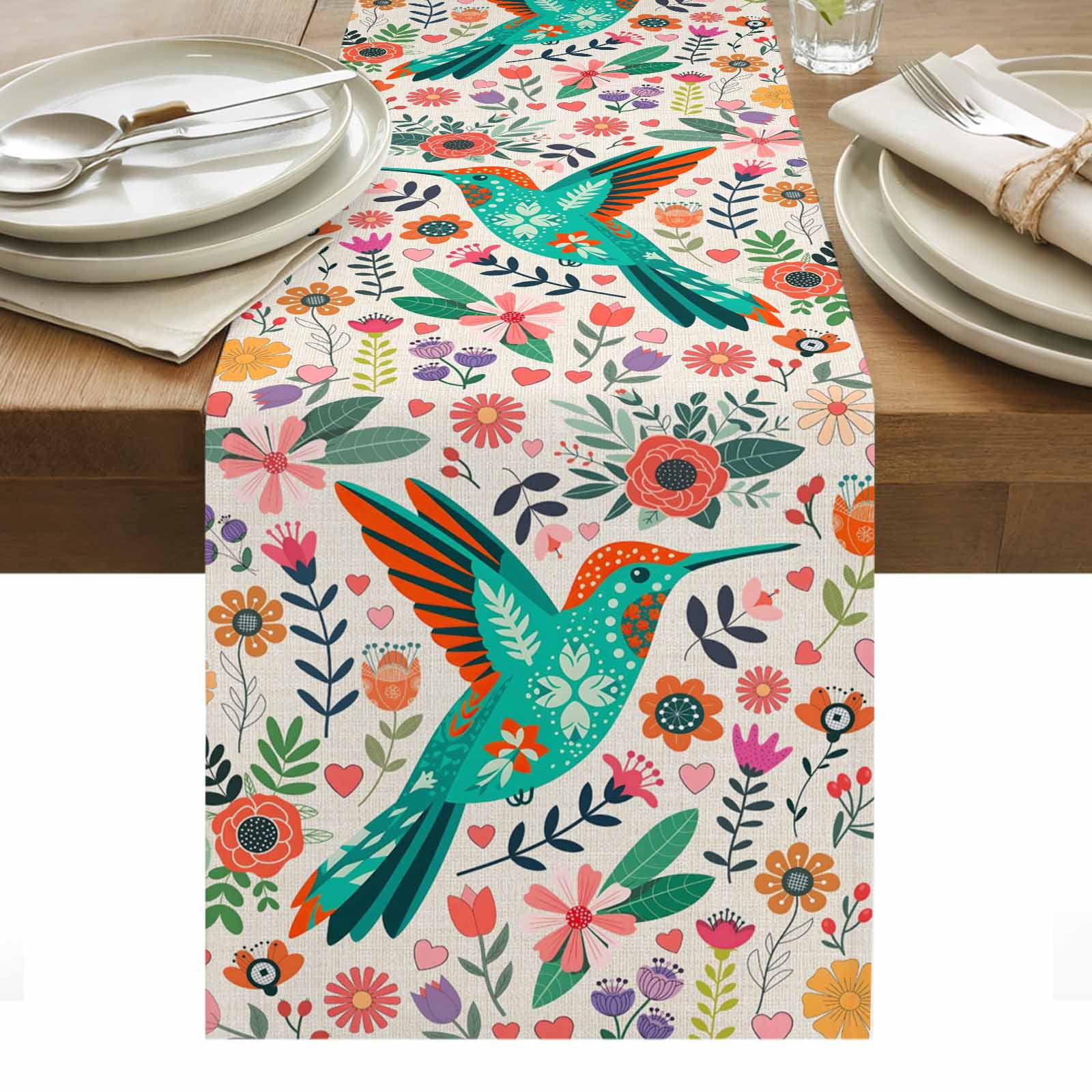Boho Floral Bird Cotton Linen Table Runner Leaf Colorful Cartoon ...