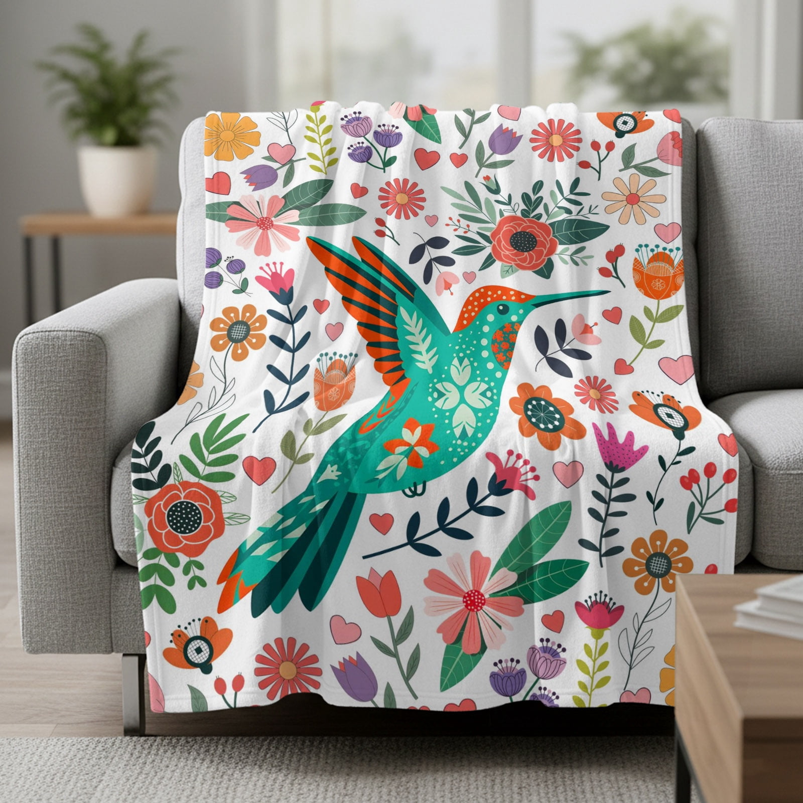Boho Floral Bird Fleece Throw Blanket Leaf Colorful Botanical Rustic ...