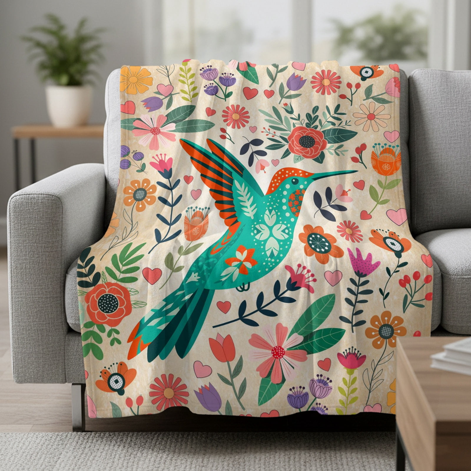 Boho Floral Bird Fleece Throw Blanket Leaf Colorful Cartoon Rustic ...
