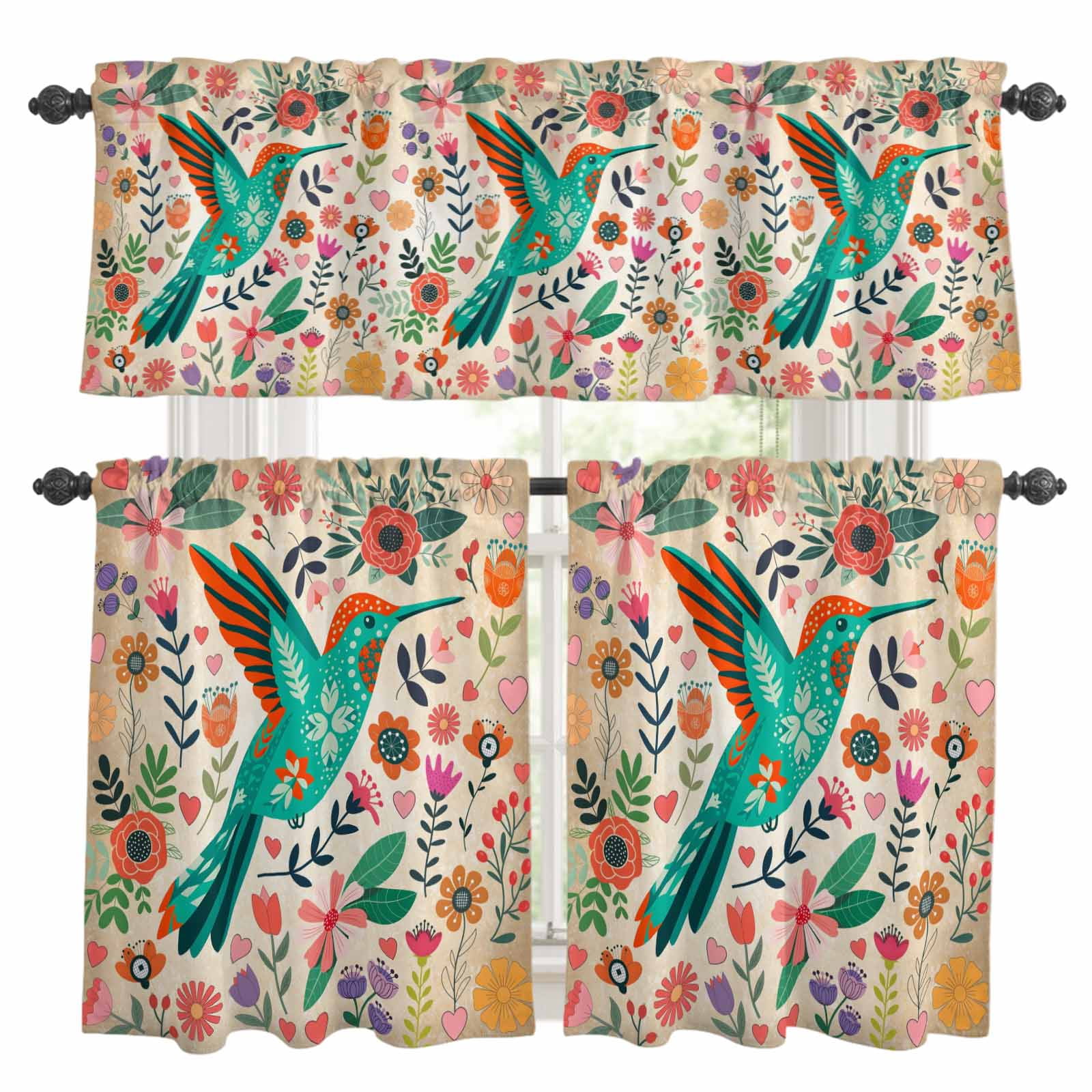 Boho Floral Bird Kitchen Curtains Set for Windows, Leaf Colorful ...