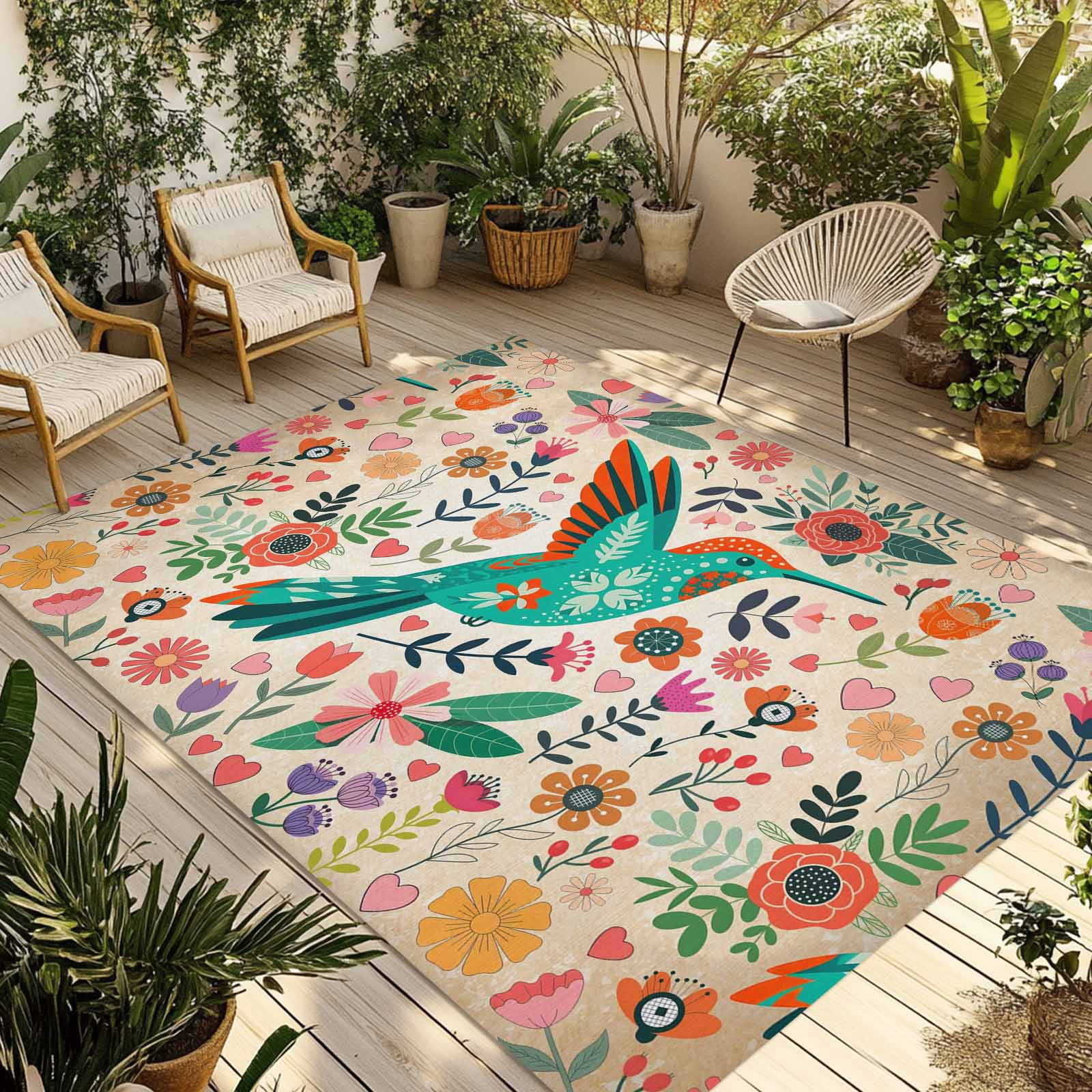 Boho Floral Bird Outdoor Rug 5x7 ft Leaf Colorful Cartoon Rustic ...