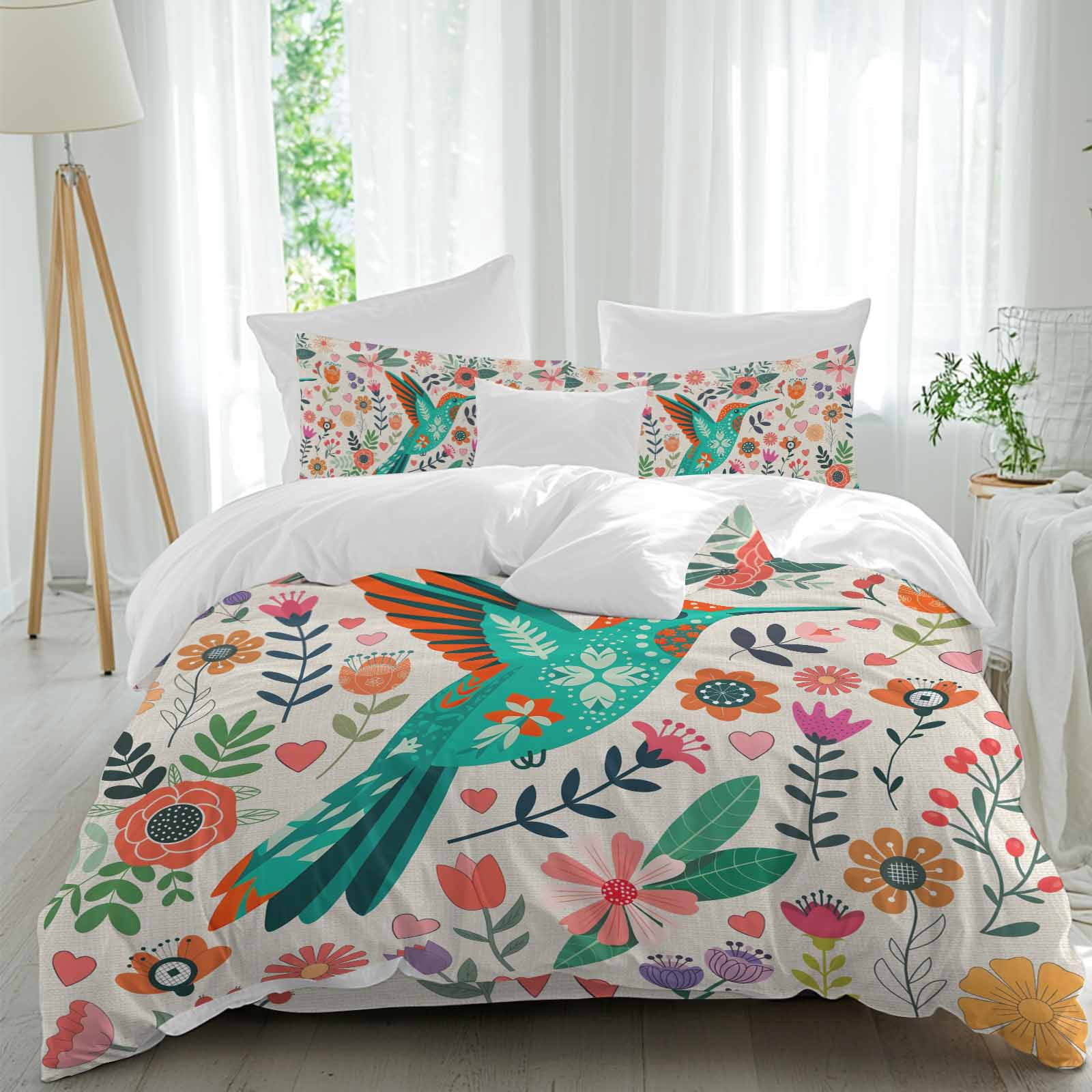 Boho Floral Bird Queen Size 4 piece Duvet Cover Set,3 Comfort Bedding ...