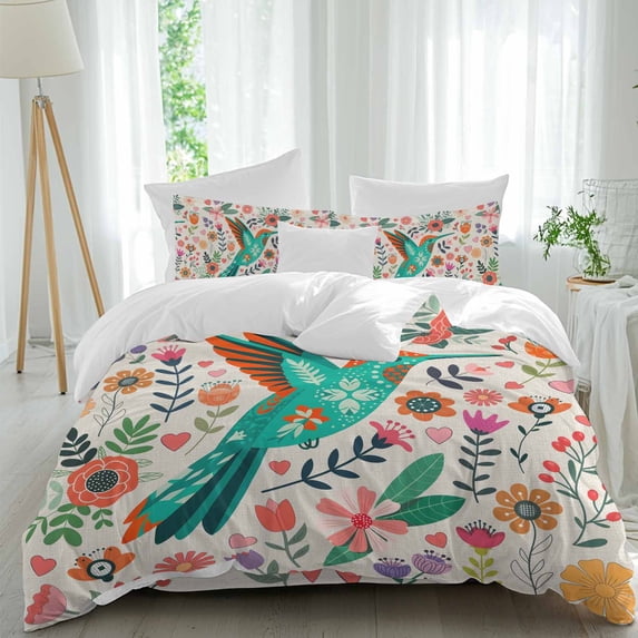 Boho Floral Bird Queen Size 4 piece Duvet Cover Set,3 Comfort Bedding ...