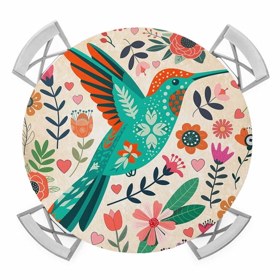 Boho Floral Bird Round Table Cover, Leaf Colorful Cartoon Rustic ...