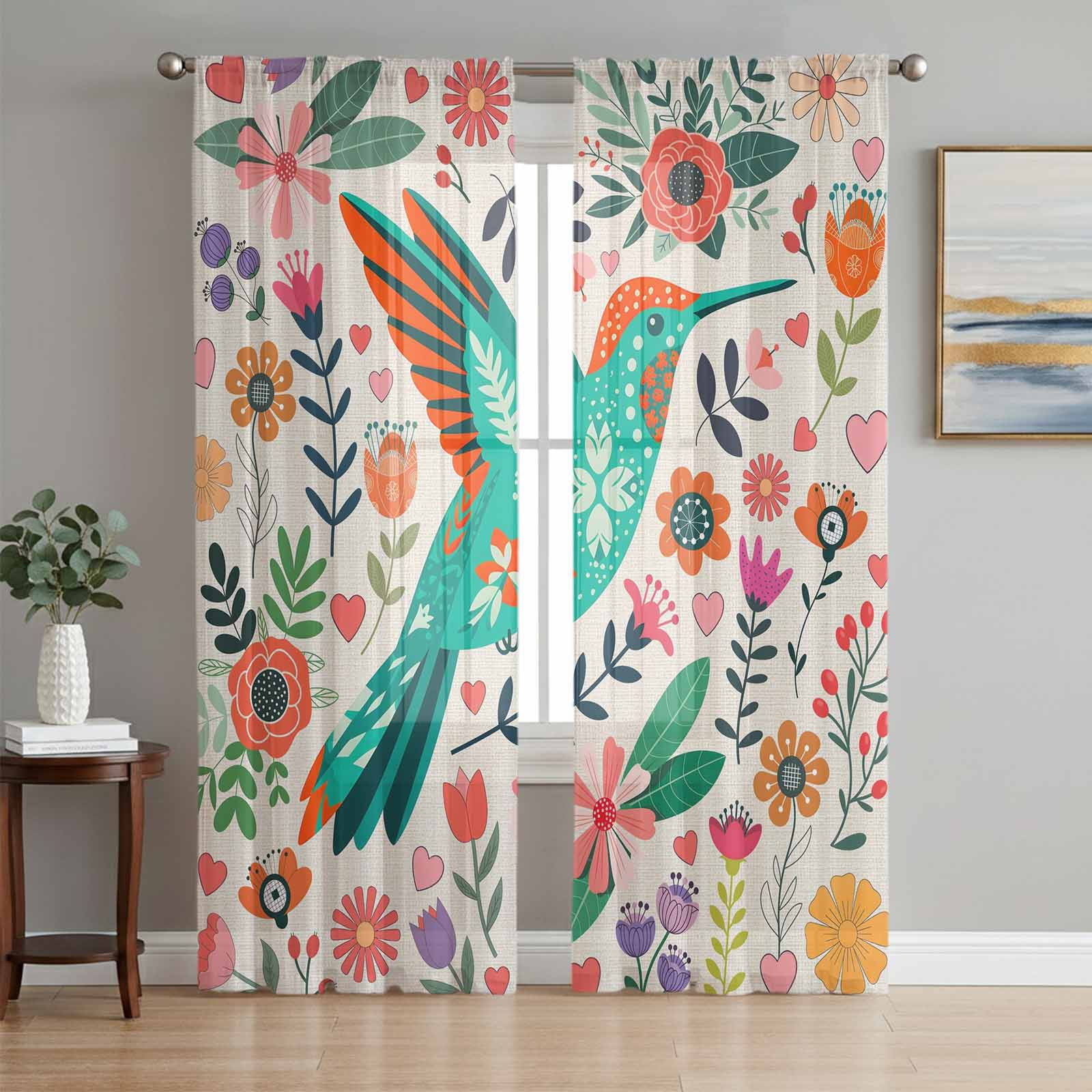 Boho Floral Bird Sheer Curtains for Living Room Bedroom, Leaf Colorful ...