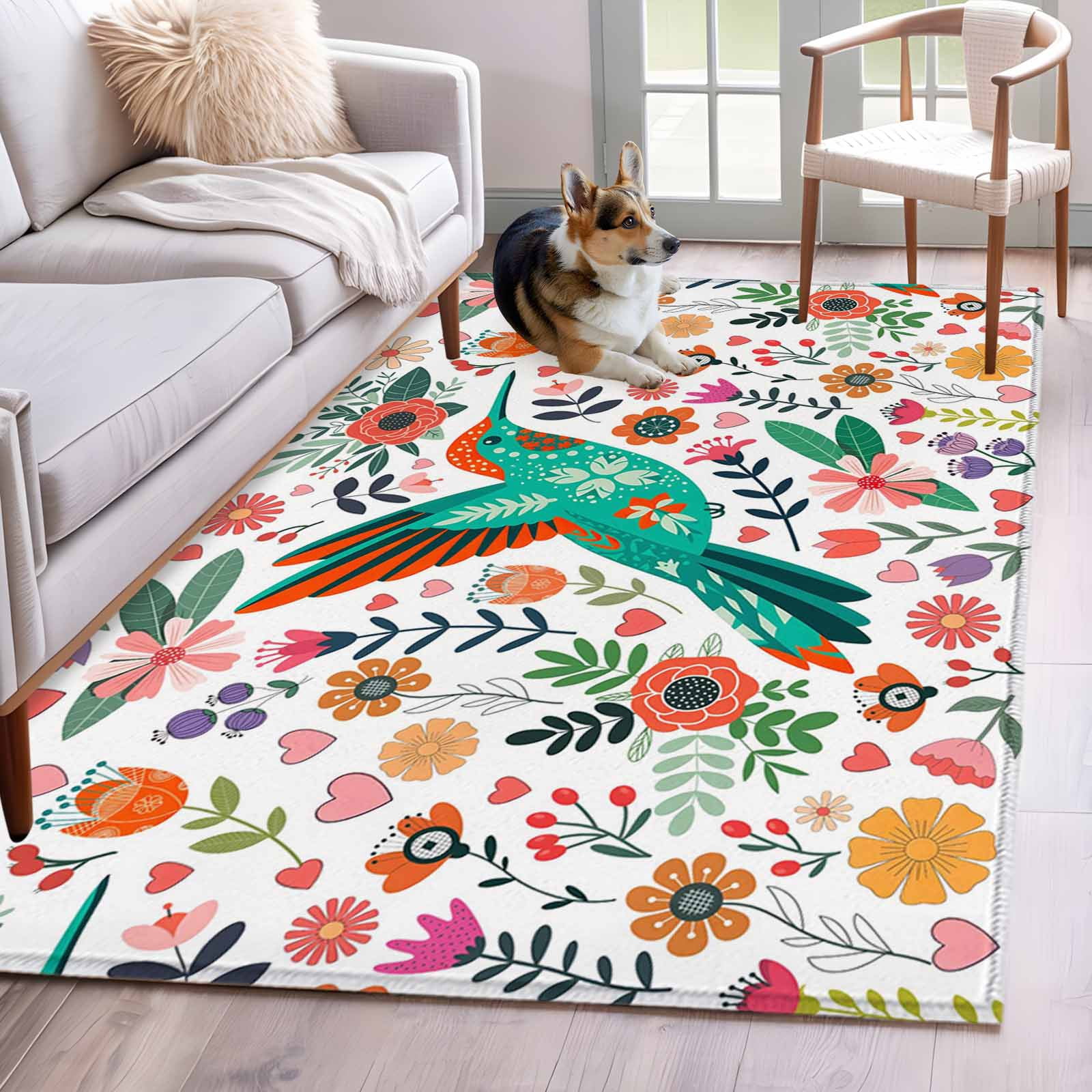Boho Floral Bird Washable Area Rug 2.7x5 Leaf Colorful Botanical Rustic ...