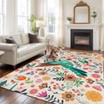 Boho Floral Bird Washable Area Rug 5x8 Leaf Colorful Cartoon Botanical ...