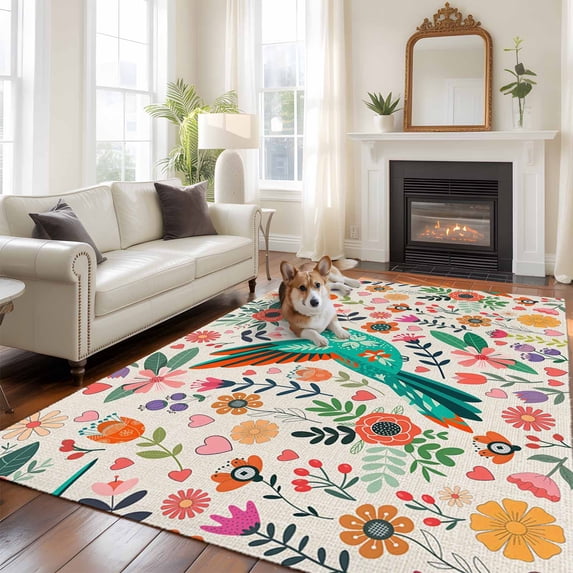 Boho Floral Bird Washable Area Rug 5x8 Leaf Colorful Cartoon Botanical ...