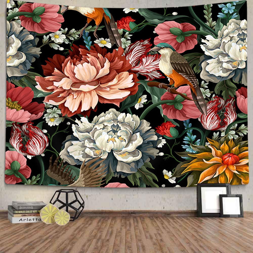 Boho Floral Black Tapestry, Mid Century Morden Multi Color Flower ...