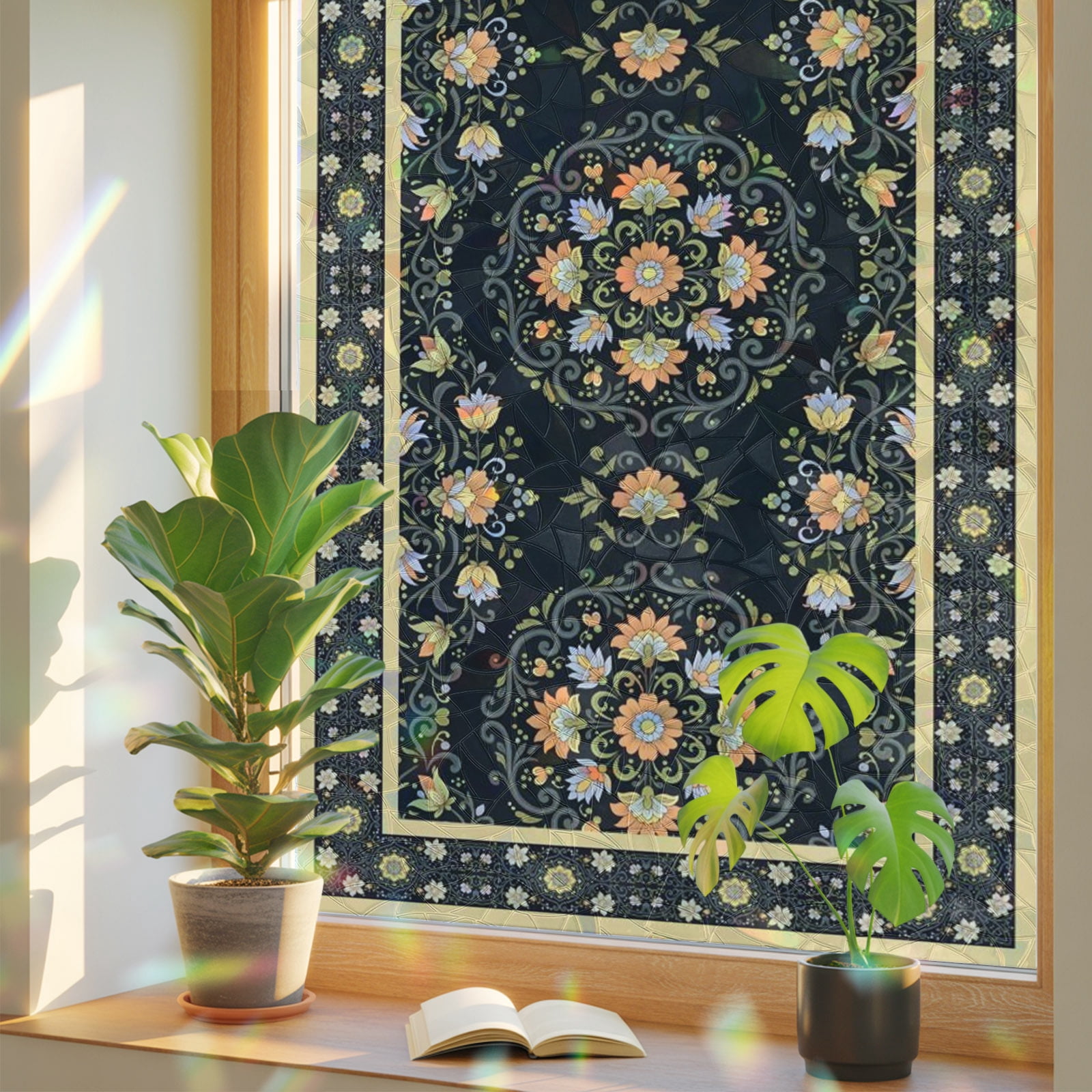 Boho Floral Black Window Privacy Film Rainbow Static Cling Stain Glass ...