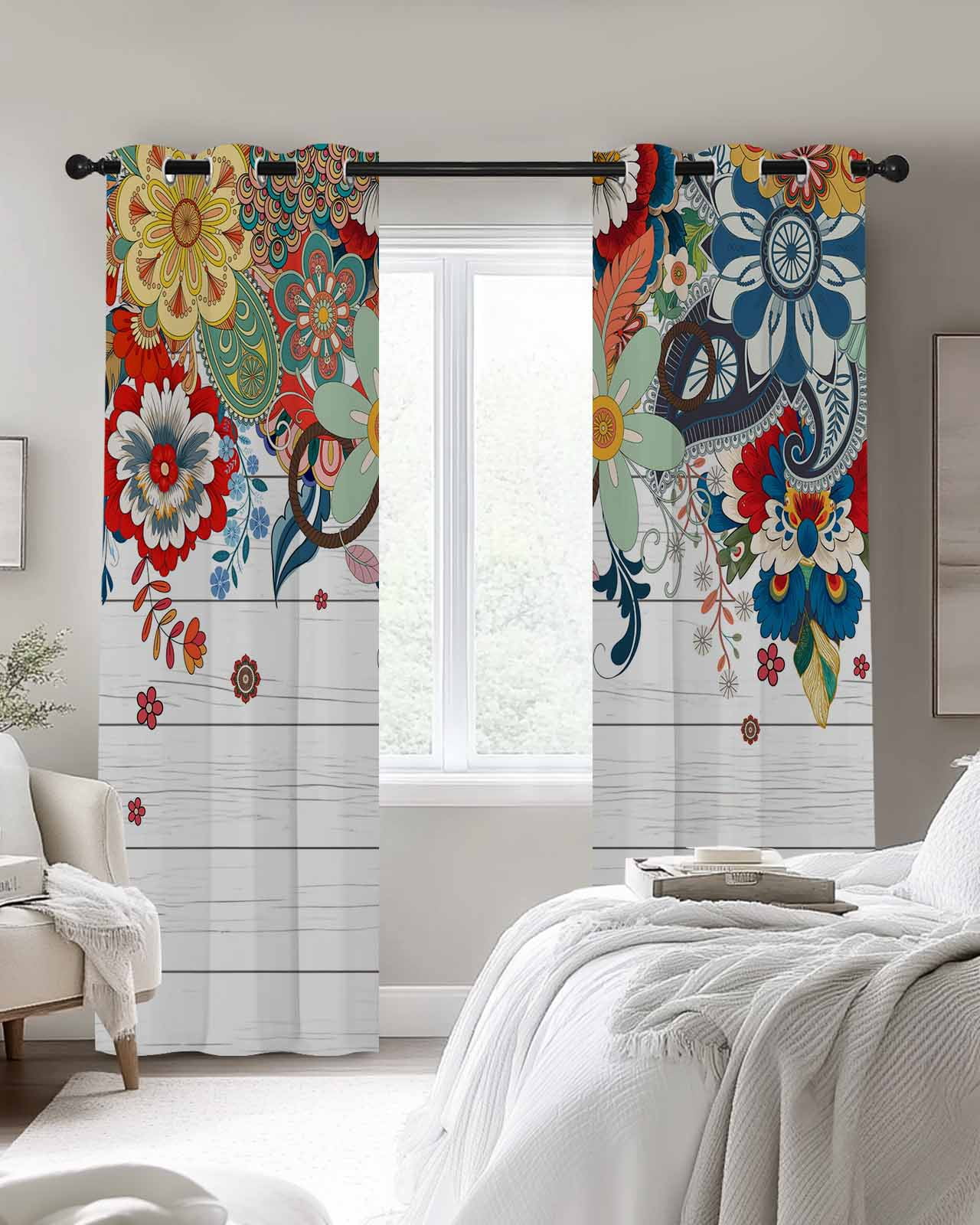 Boho Floral Blackout Curtains 2 Panels Abstract Bohemian Bloom Flower ...