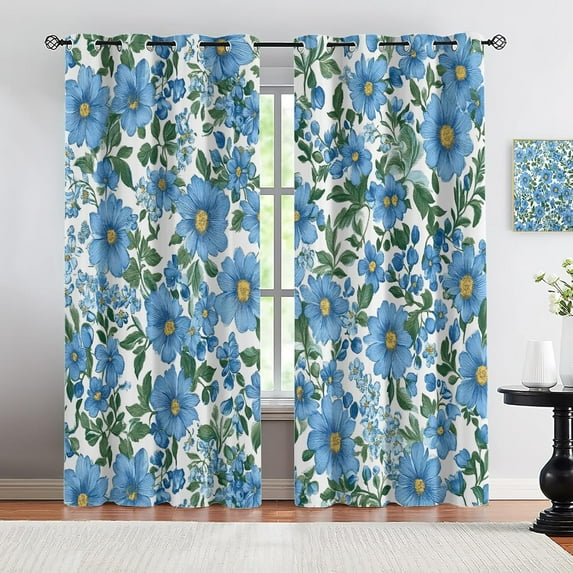 Boho Floral Blackout Curtains, Blue Florals Curtains for Living Room ...