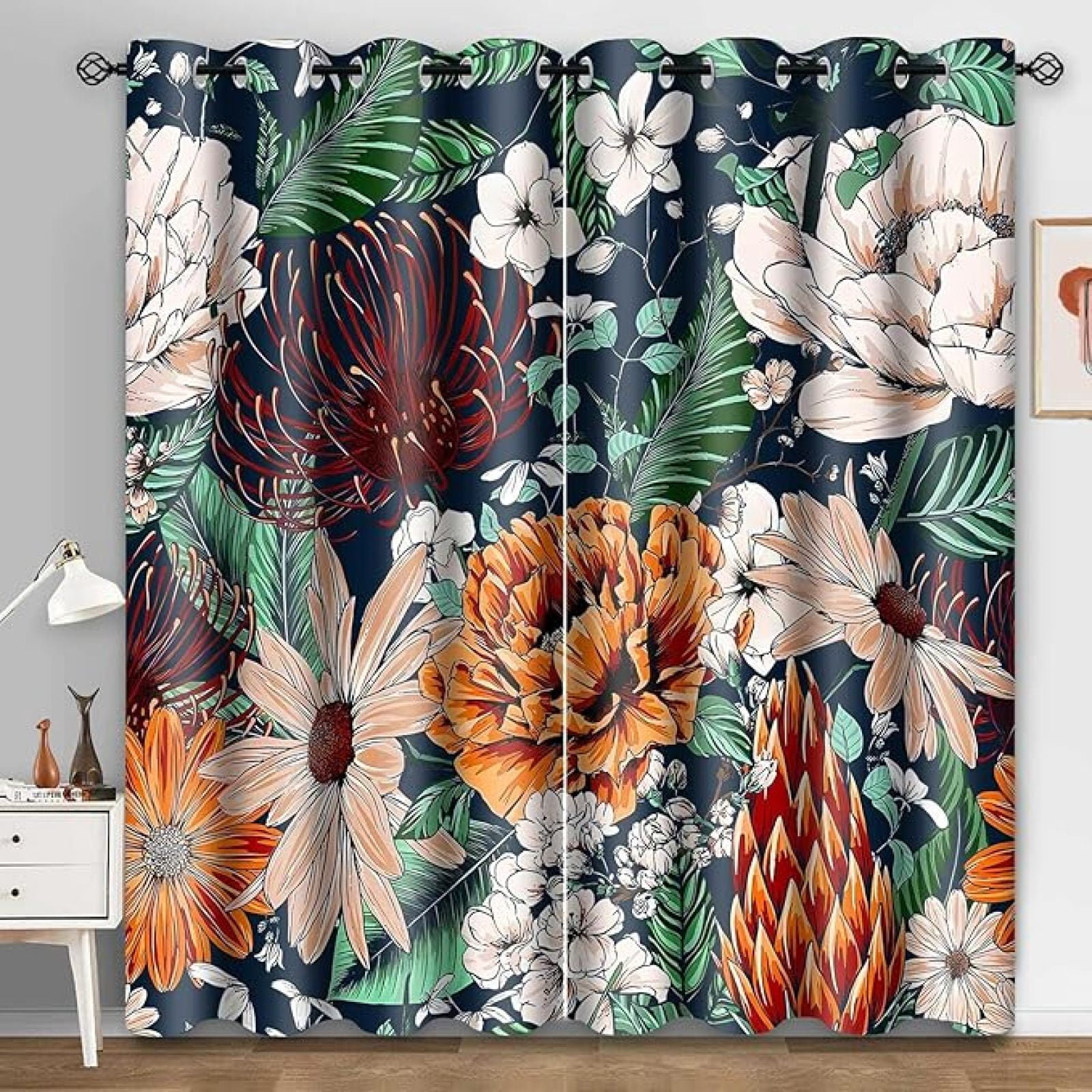 Boho Floral Blackout Curtains Colorful Flowers Bohemian Navy Blue ...