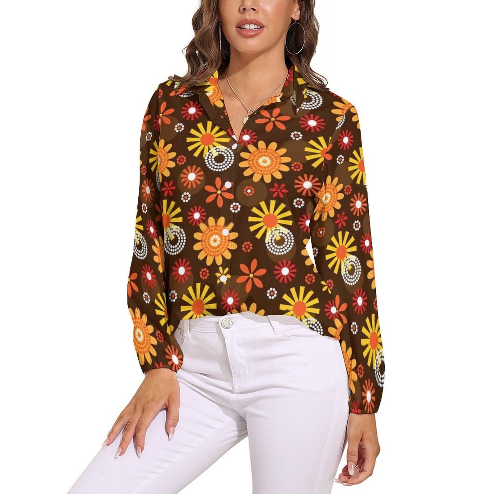 Boho Floral Blouse Flowers Print Funny Design Blouses Woman Long Sleeve ...