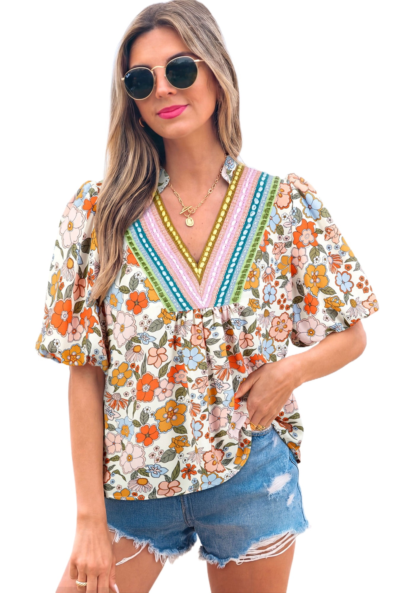 Boho Floral Blouse for Women – Casual Multicolour V Neck Top with ...