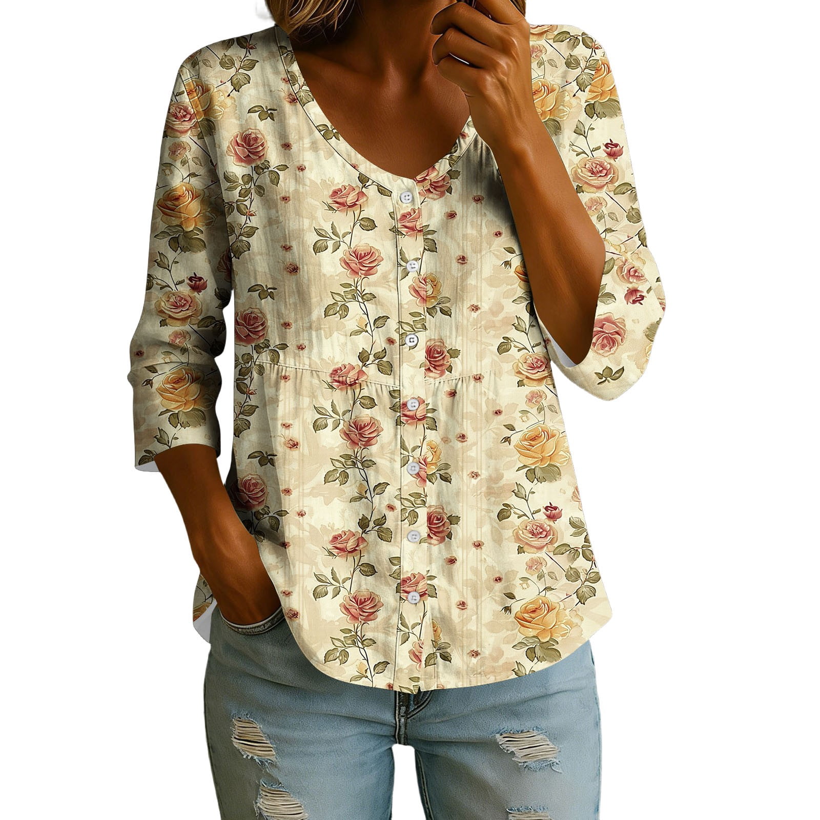 Boho Floral Blouses for Women Dressy Casual Button Vintage Cute Blouse ...