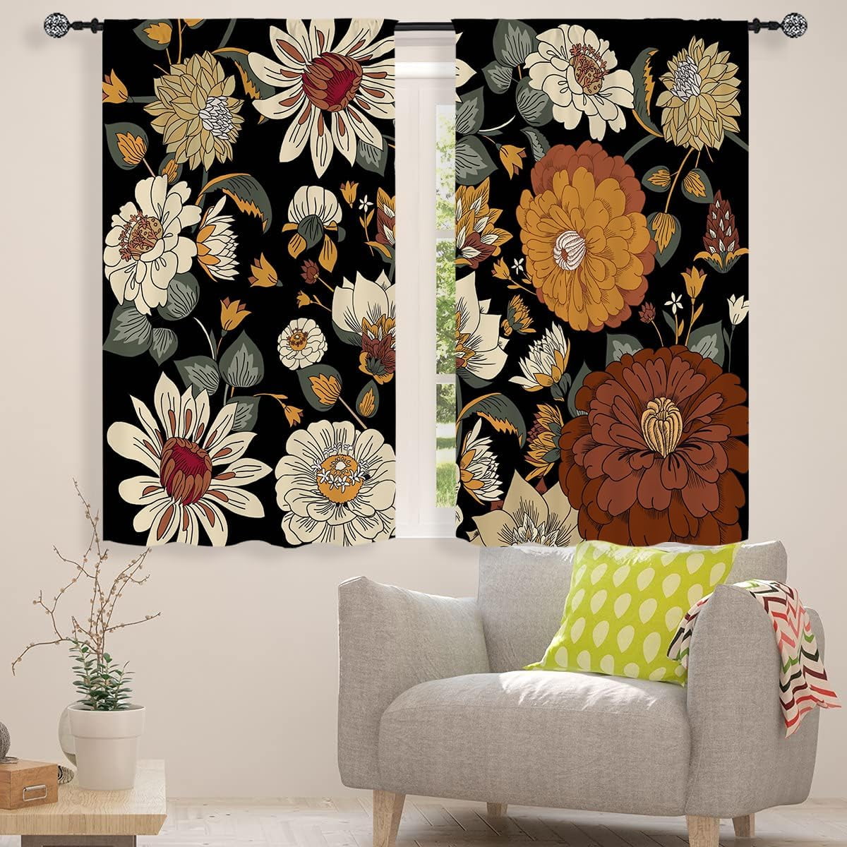 Boho Floral Bohemian Window Curtains 42W X 63L Inches 2 Panels Rod ...