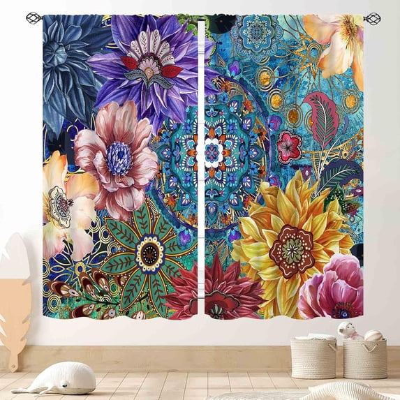 Boho Floral Bohemian Window Curtains, Coloful Tropical Flower Blossom ...