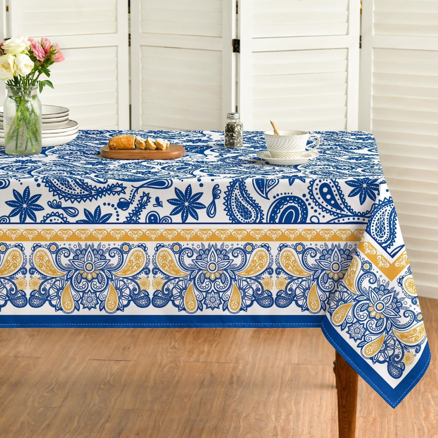 Boho Floral Bordered Tablecloth 60×84 Inch Rectangular, Paisley Blue ...
