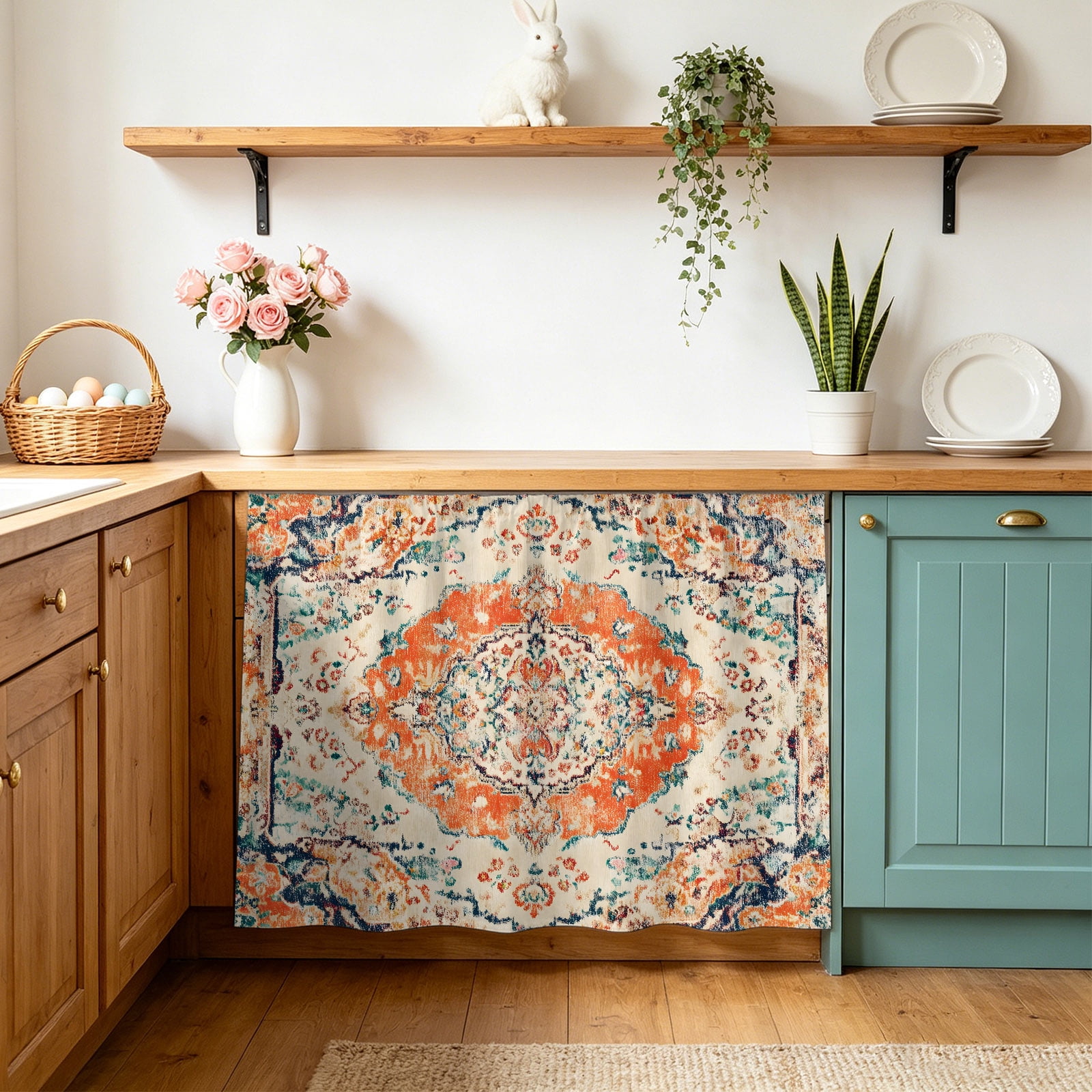 Boho Floral Cabinet Curtains 10" W x 11" L Orange Theme Abstract ...