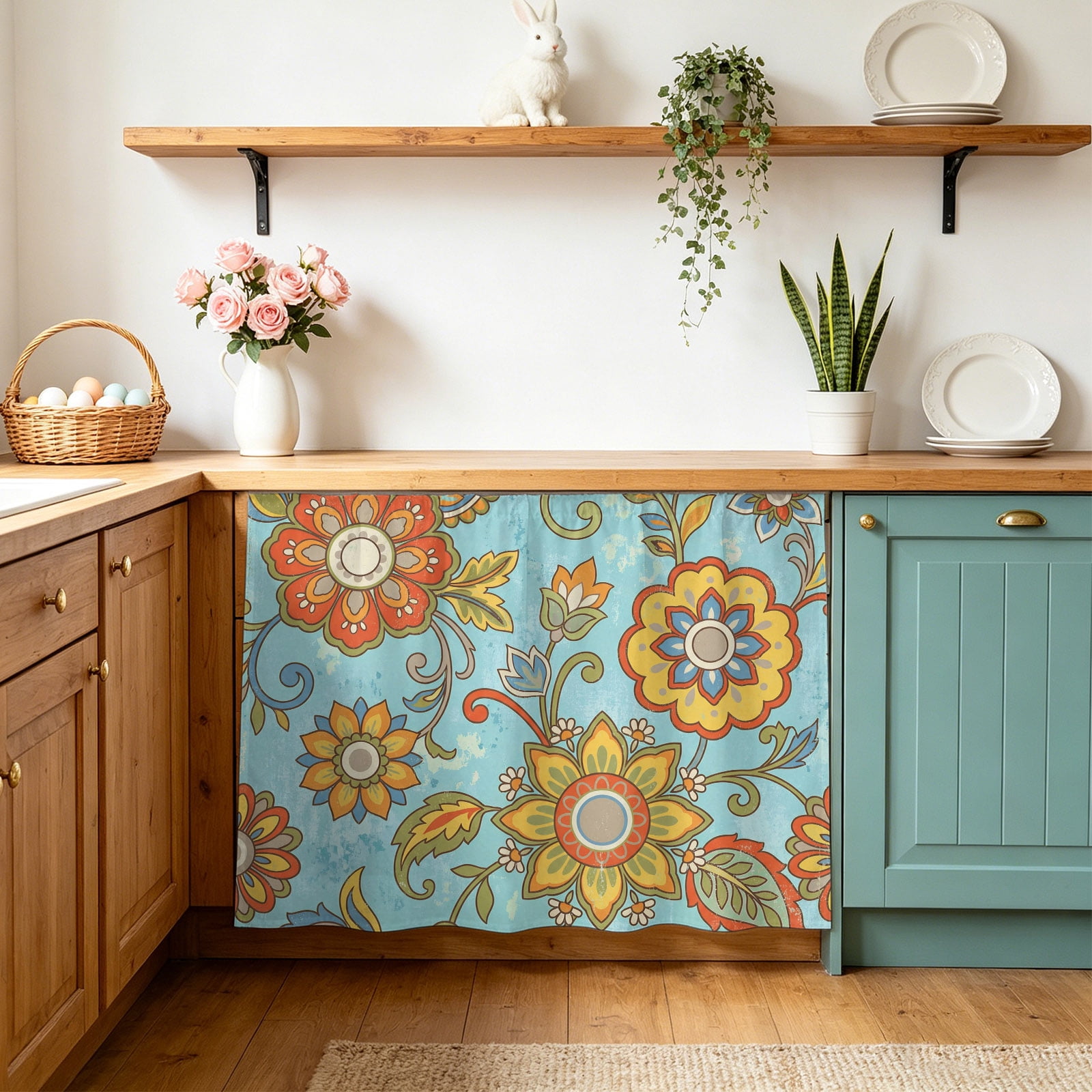 Boho Floral Cabinet Curtains 10" W x 11" L Yellow Orange Flower Leaf ...