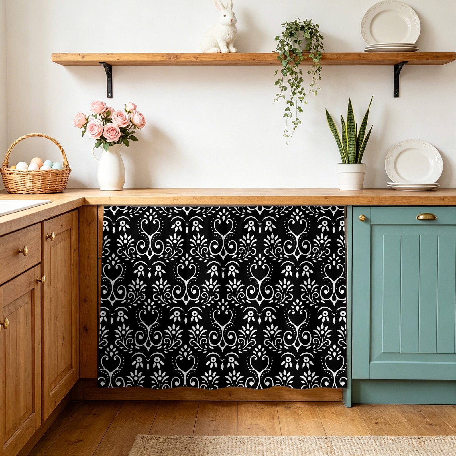 Boho Floral Cabinet Curtains 11" W x 13" L Abstract Art Flower Bohemian ...