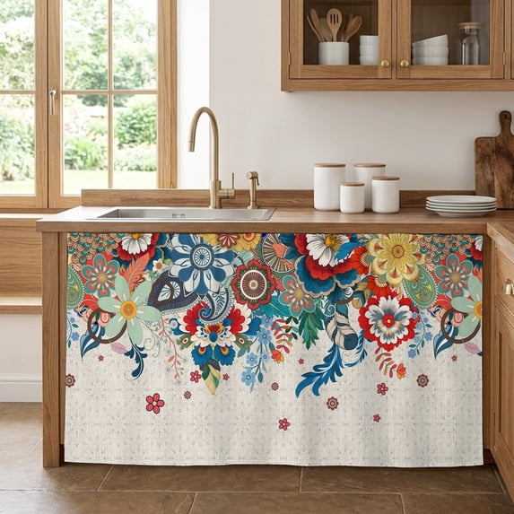 Boho Floral Cabinet Curtains 28" W x 51" L Abstract Bohemian Bloom ...