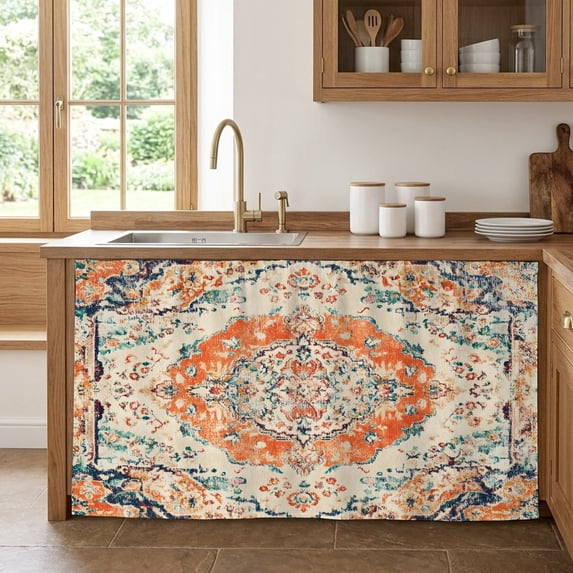 Boho Floral Cabinet Curtains 28" W x 51" L, Orange Theme Abstract ...