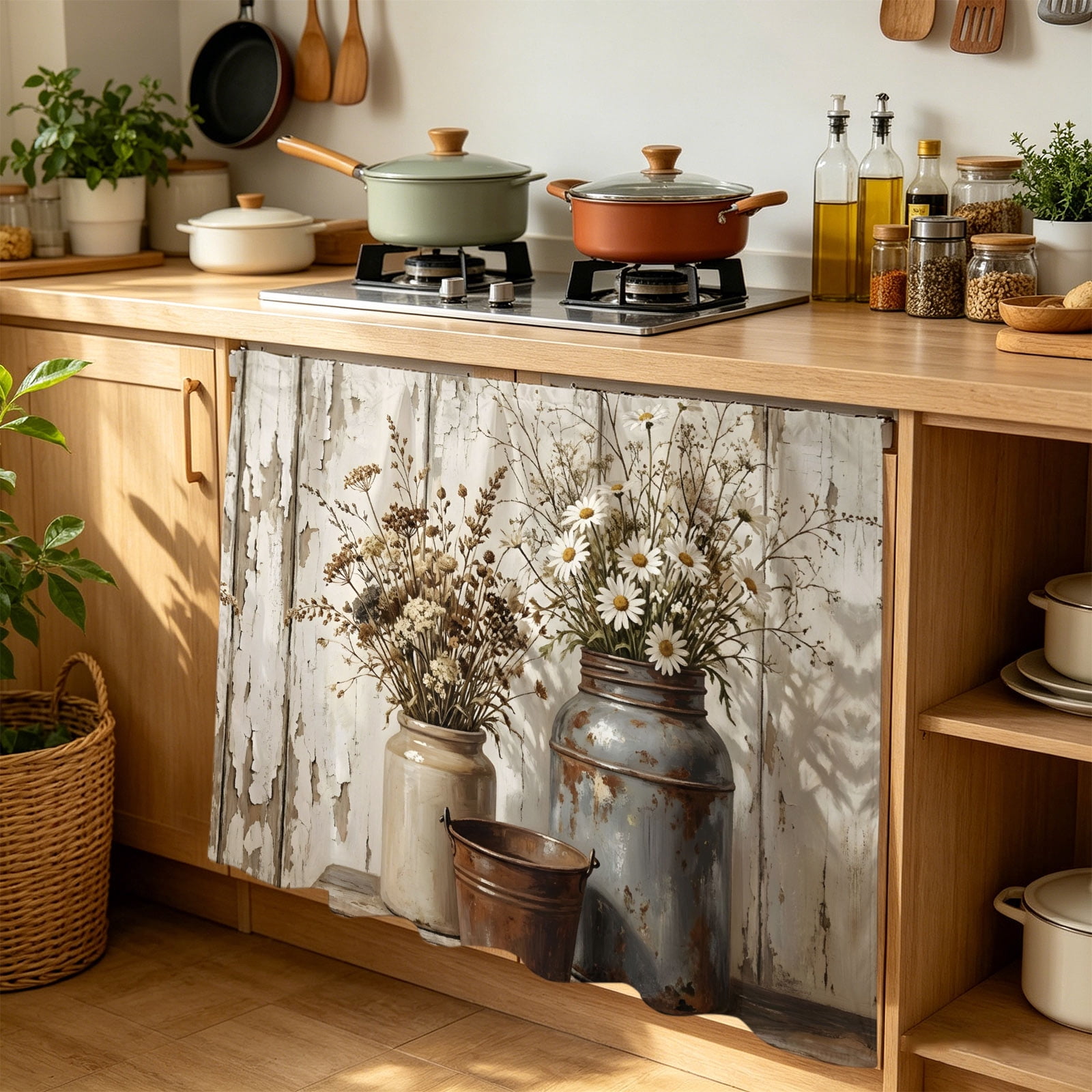 Boho Floral Cabinet Curtains 35" W x 35" L, Vintage Dried Flowers Milk ...